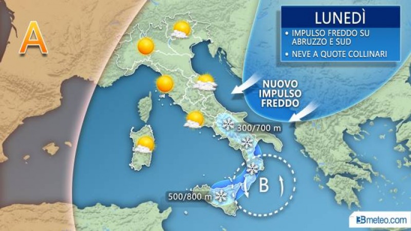 Lunedì nuovo impulso freddo dai Balcani. Tornano pioggia e NEVE a bassa quota a sud Italia ...