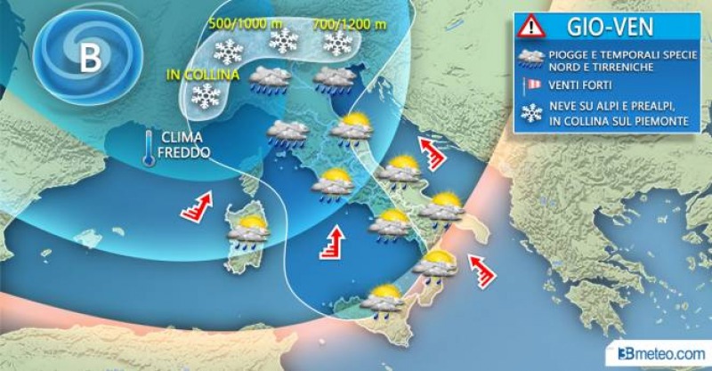 Nuova ondata di Maltempo sulla Penisola, ancora pioggia, vento forte e neve a quote basse ...